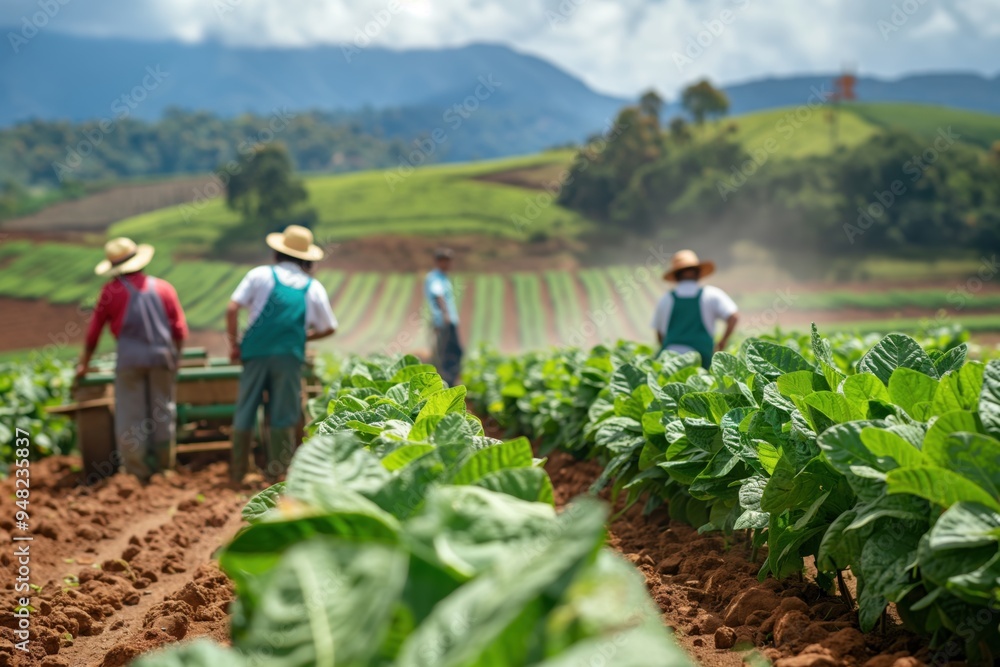 Farmers work in a tobacco plantation in colombia, harvesting crops ...