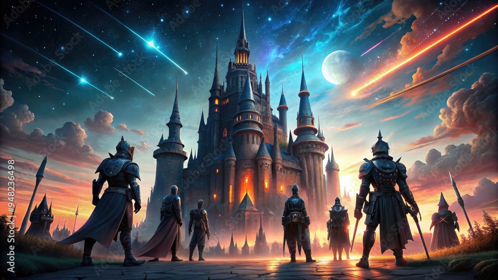 Majestic Gothic castle with cyberpunk elements, fortified by futuristic ...