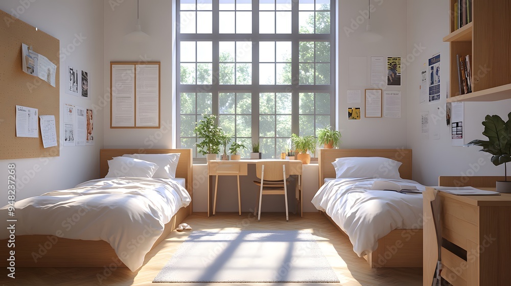 Bright modern college dorm room, twin beds with crisp white linens ...