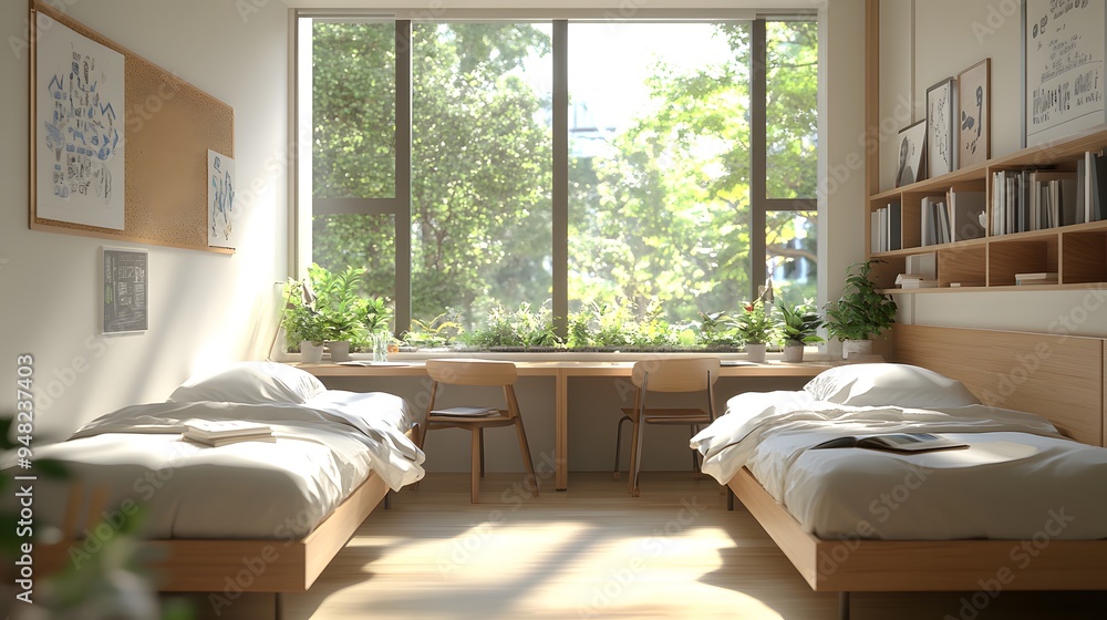 Bright modern college dorm room, twin beds with crisp white linens ...