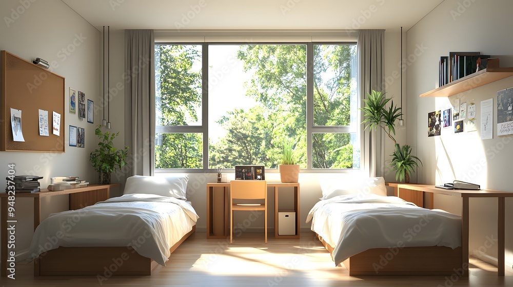 Bright modern college dorm room, twin beds with crisp white linens ...