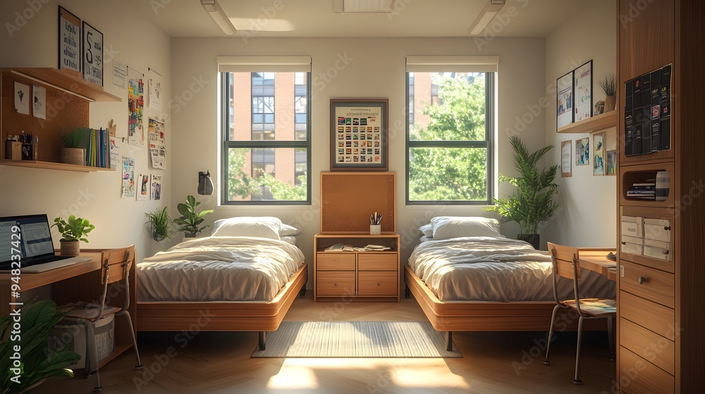 Bright modern college dorm room, twin beds with crisp white linens ...