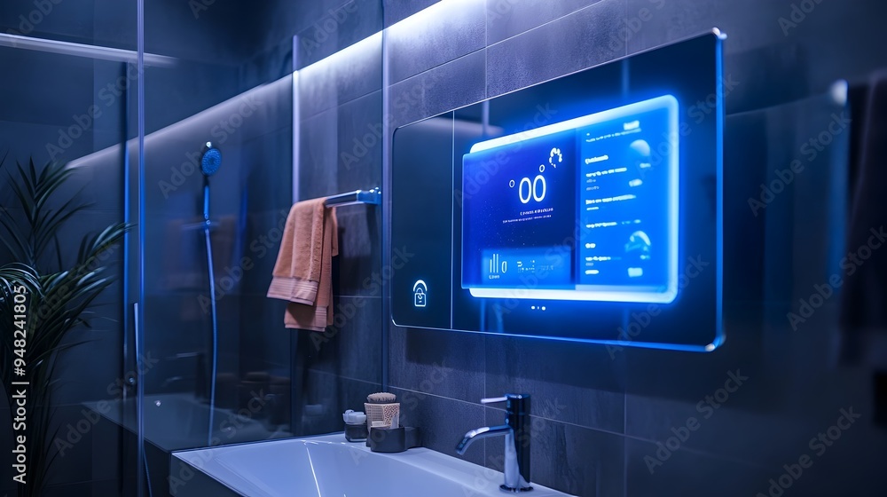 Photograph of a modern smart bathroom mirror featuring IoT connectivity ...