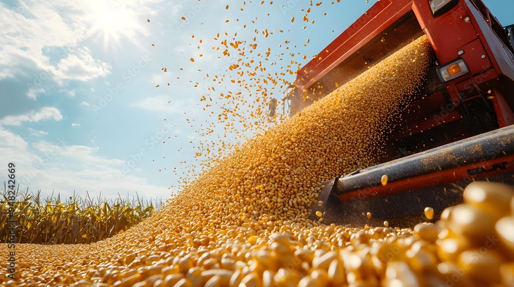 Corn kernels pouring from a red combine harvester, golden stream of ...