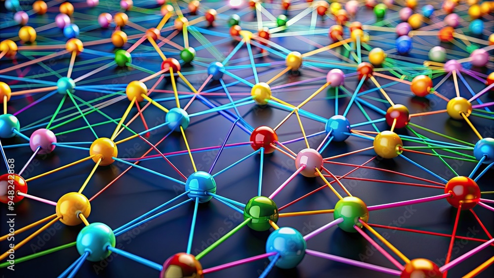 Vibrant 3D network illustration featuring colorful nodes interconnected ...