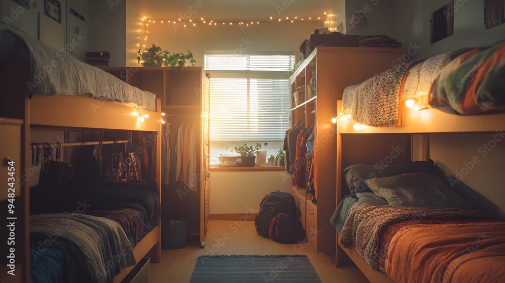 Cozy college dorm room at golden hour, bunk beds with colorful throws ...