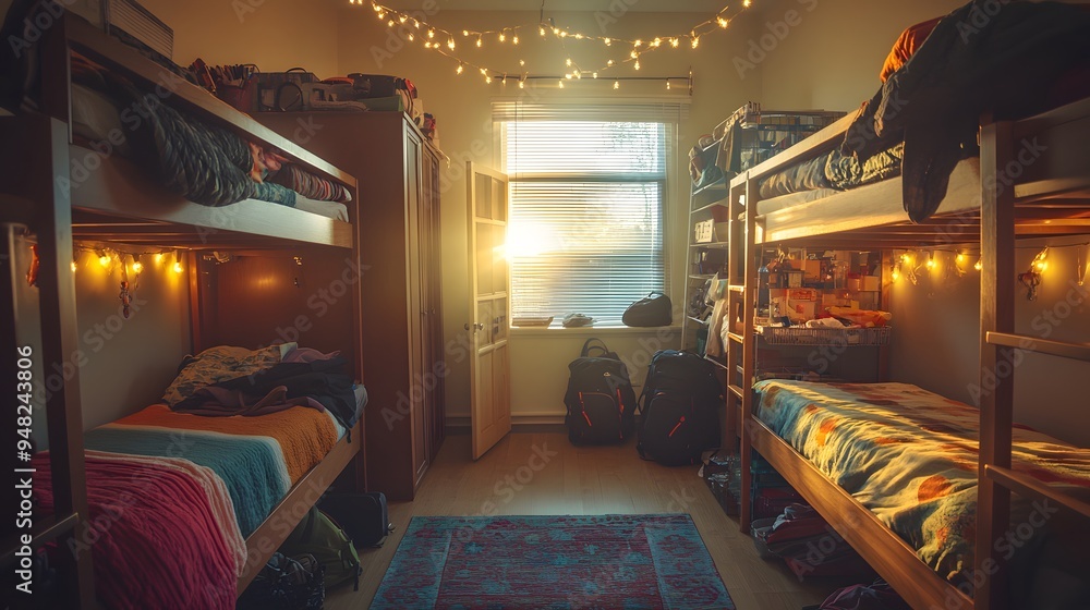 Cozy college dorm room at golden hour, bunk beds with colorful throws ...