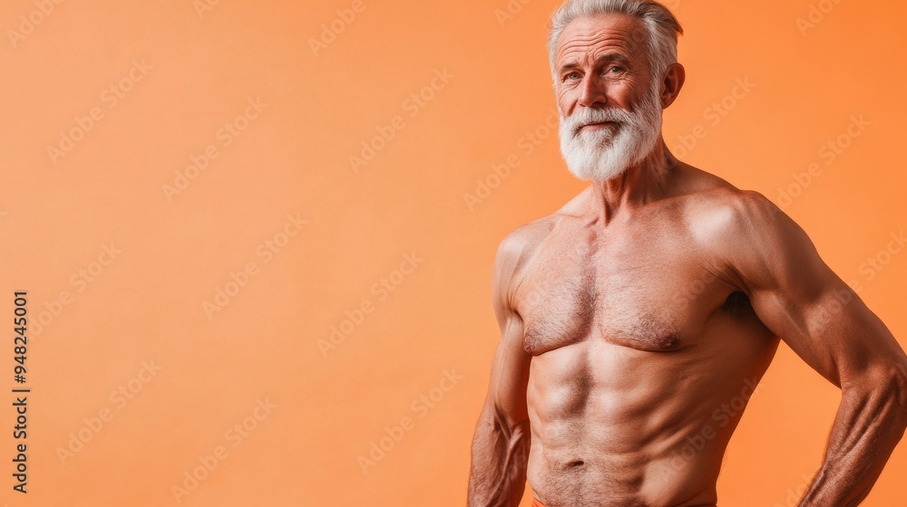 Defined Six-Pack Abs of Elderly Man in Natural Light on Peach ...