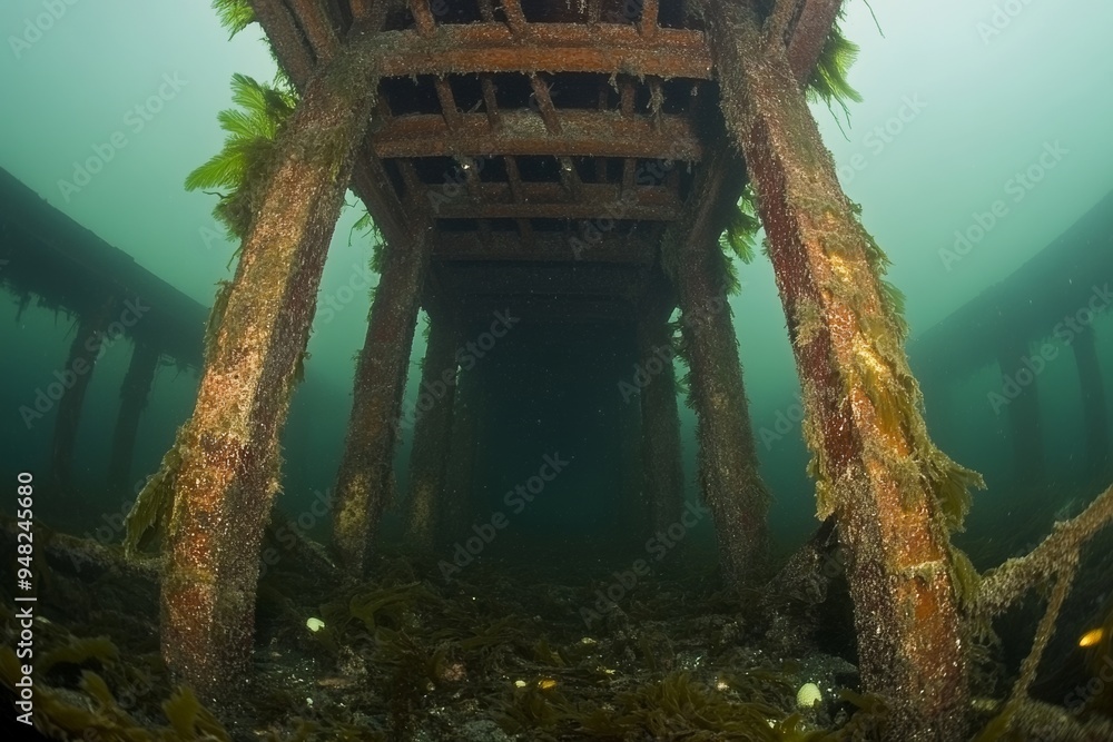 Underwater foundation of an oil rig surrounded by swaying seaweed Stock ...