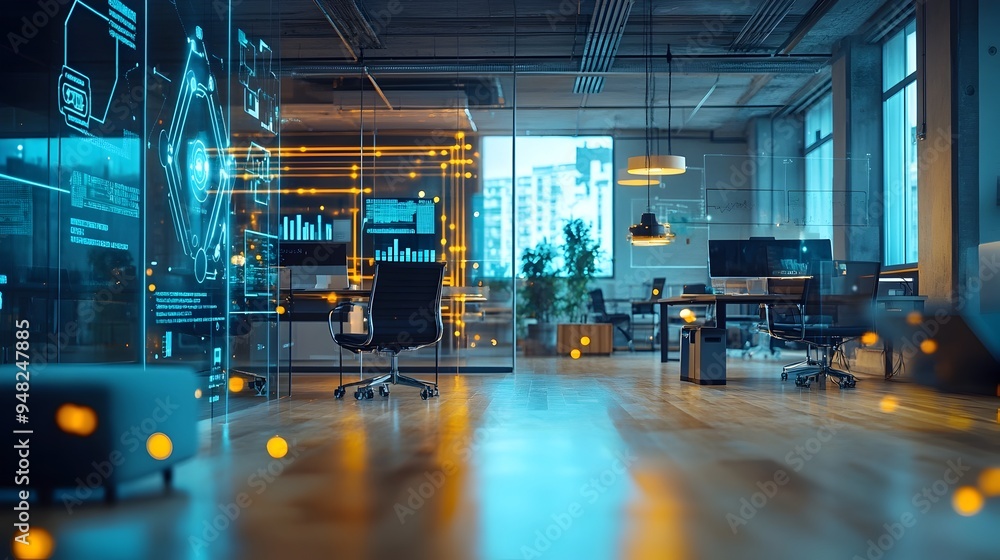 Photograph of a modern minimalist smart office interior featuring IoT ...