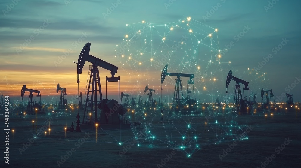 The silhouettes of oil and gas fields, fossil fuel stations and ...