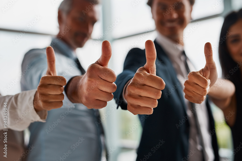 Business people, hands and team with thumbs up for winning, good job or ...