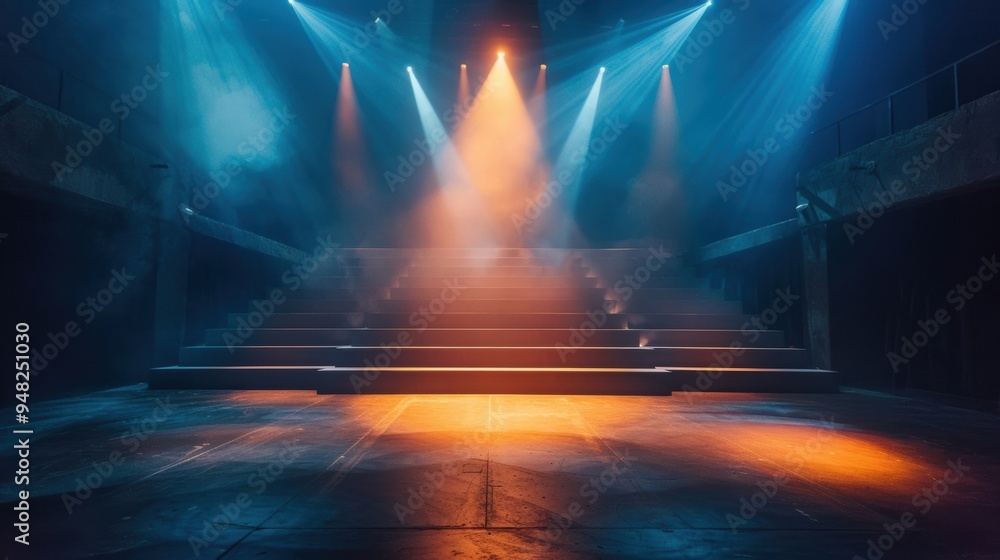 An empty theater stage with dramatic lighting, featuring steps and ...