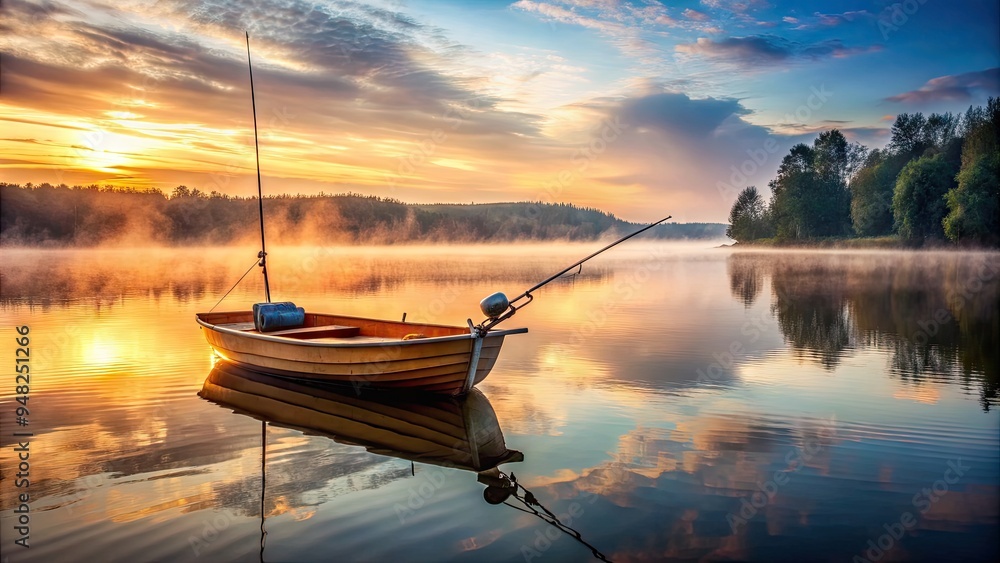 Serenely surrounded by misty dawn waters, a lone fishing rod stands ...