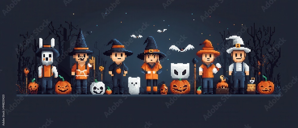 Pixelated video game characters dressed in Halloween costumes in a ...