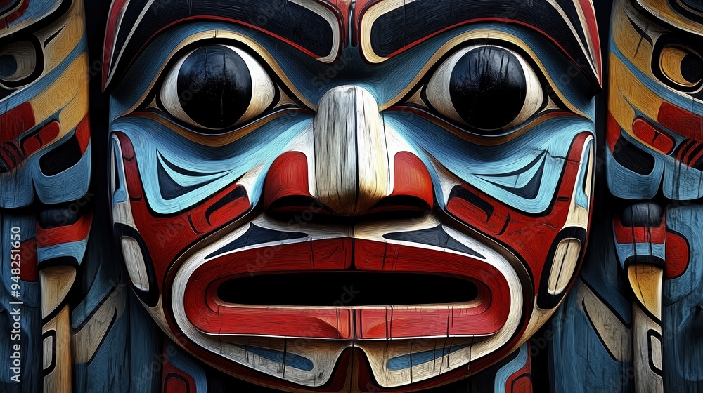 Close-up of a traditional Haida totem pole featuring an intricately ...