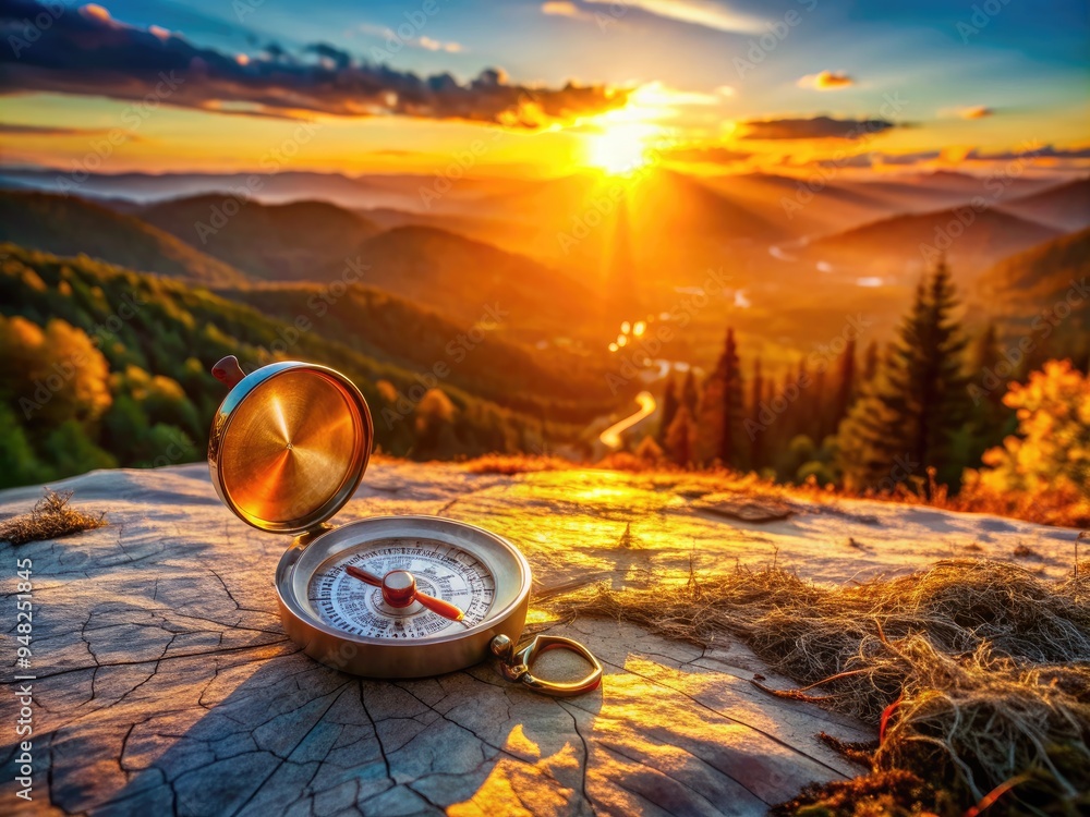 Vibrant sunrise illuminates a worn map with a trusty compass at its ...