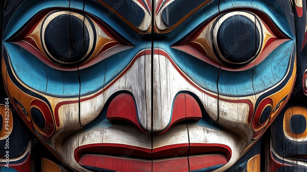 Close-up of a traditional Haida totem pole featuring an intricately ...
