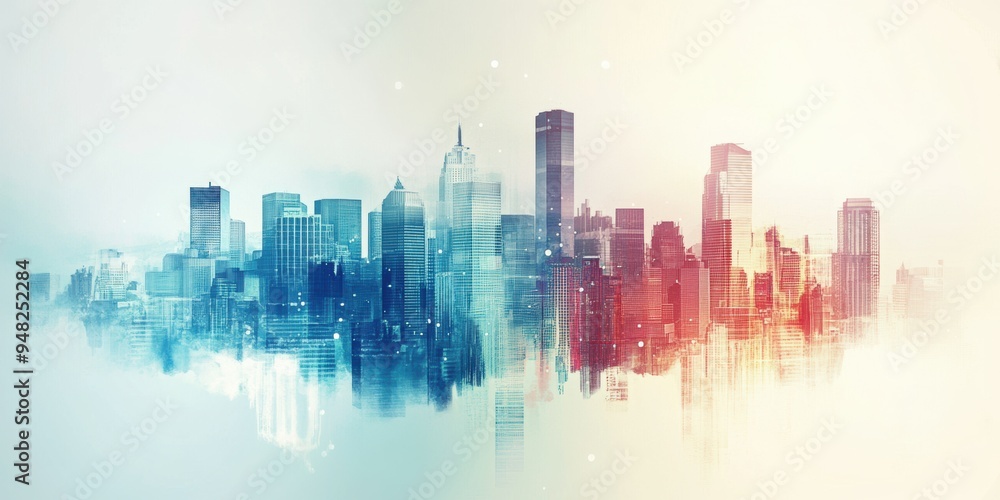 A vibrant, abstract city skyline illustration featuring a blend of cool ...