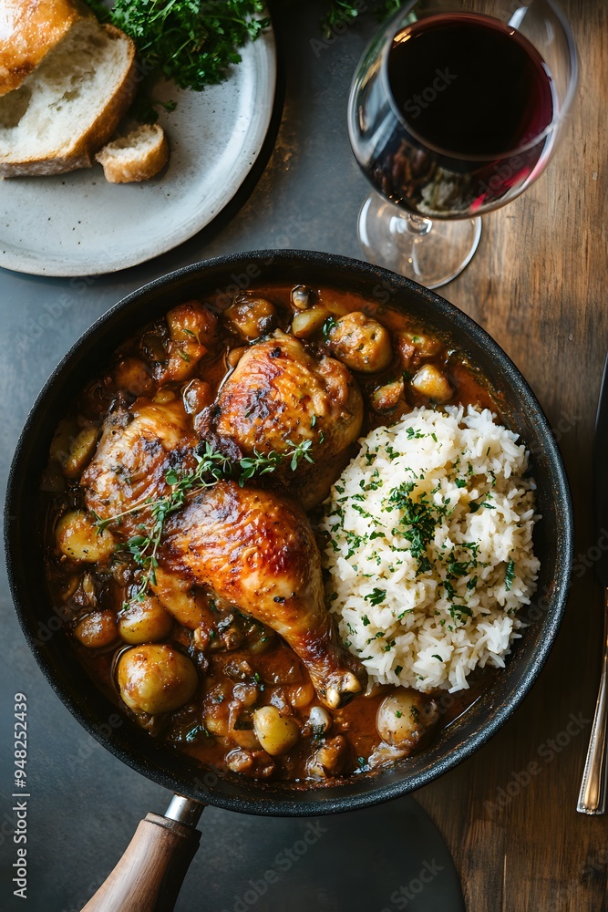 An overhead shot of Poulet Basquaise, a classic Basque dish featuring ...