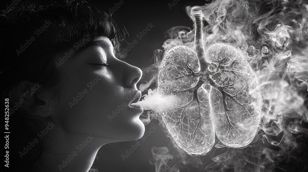 A smoker in the foreground with smoke billowing upward, creating an ...