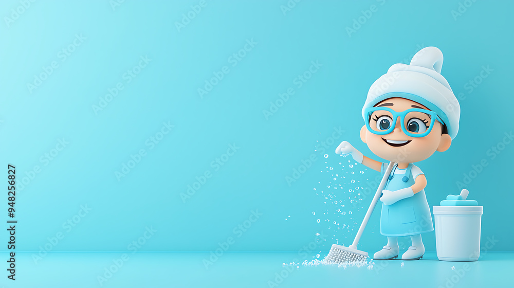 Cheerful cartoon character mopping a clean floor, promoting hygiene and ...