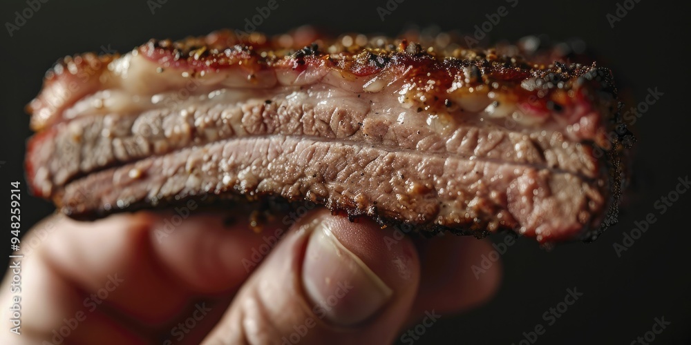 Hand holding a piece of perfectly smoked meat, capturing the textures ...