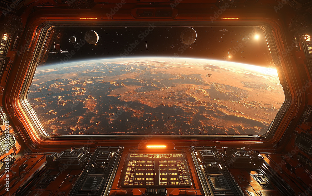 A view from the window of a space station in orbit around Mars. Behind ...