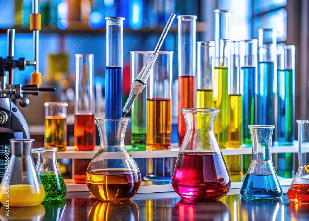 Glass beakers and test tubes filled with colorful liquids sit on a ...