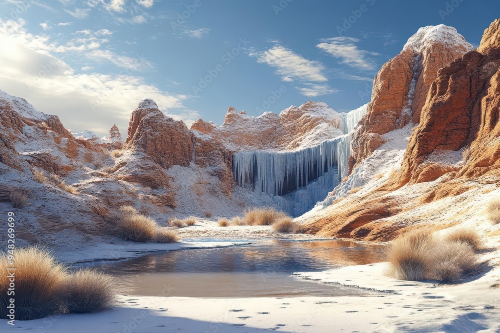 Hot Desert Oasis with Frozen Waterfall A desert oasis where the water ...