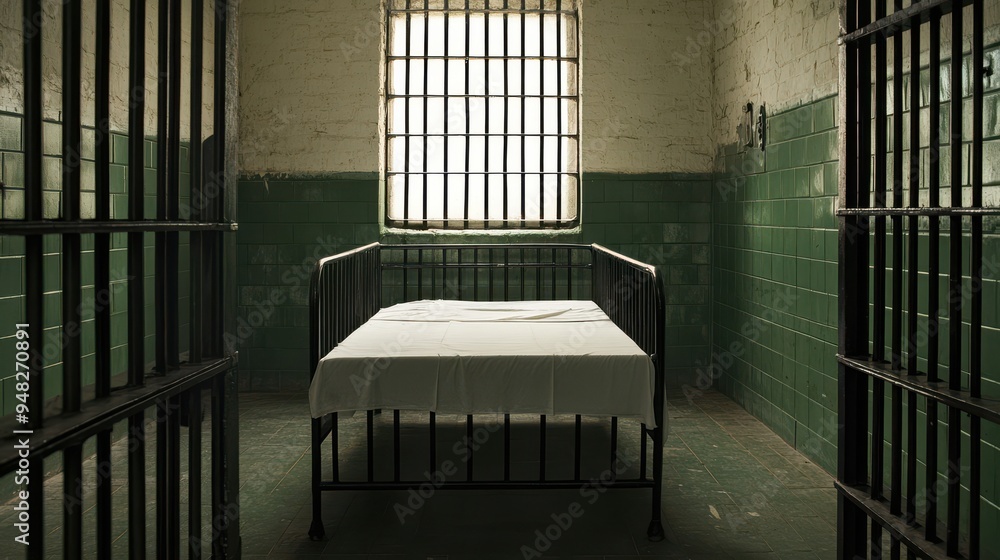 Prison cell with iron bed, medical table, and bars on window, high ...