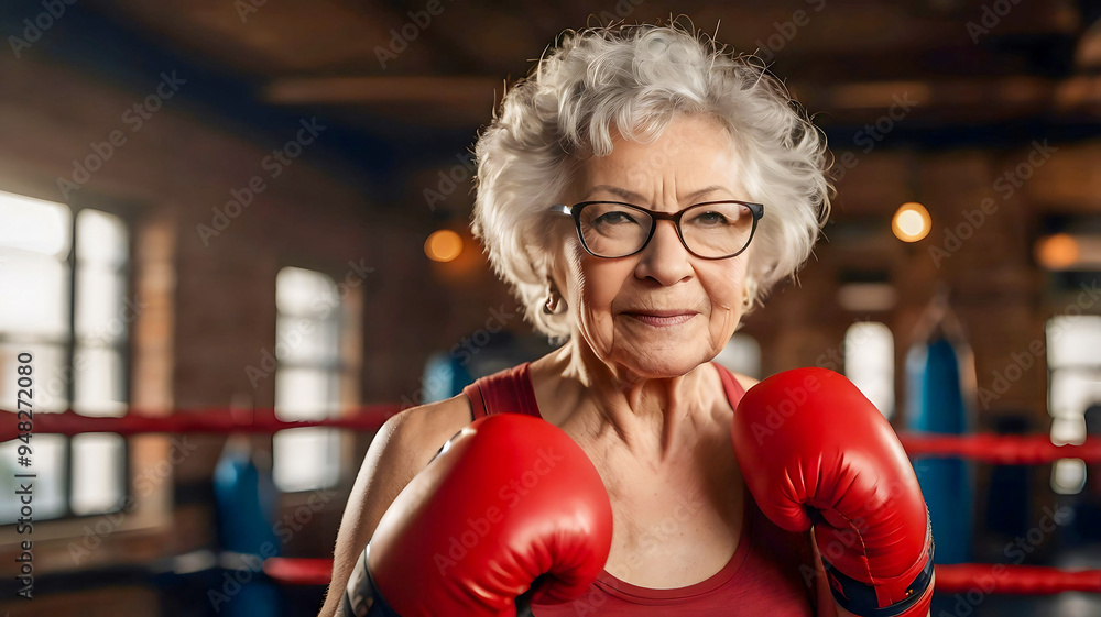 Retired Senior Grandmother Older Woman With Boxing Gloves in Indoor Gym ...