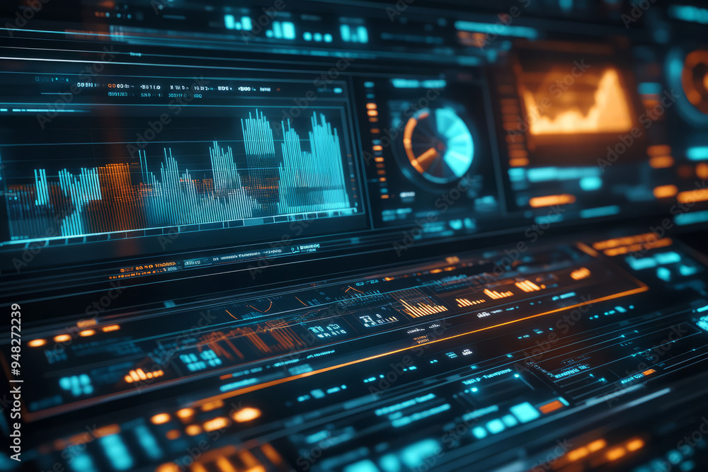 Interactive dashboard with data visualizations and graphs. Futuristic ...