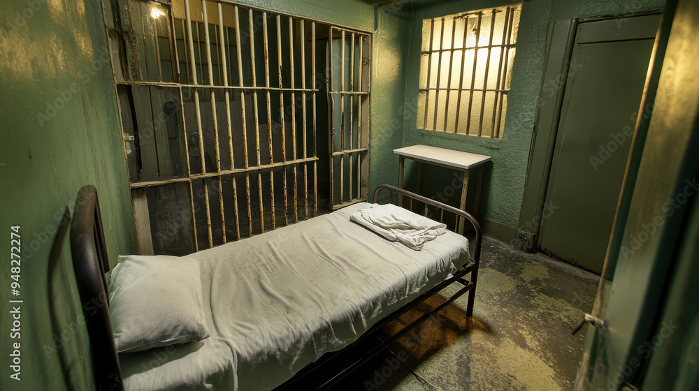 Prison cell with iron bed, medical table, and bars on window, high ...