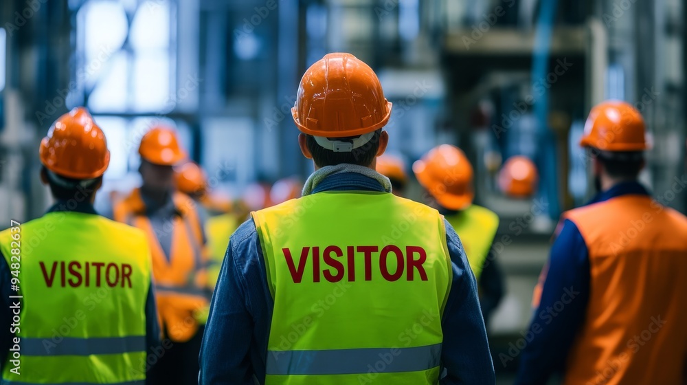 Visitors wearing proper safety gear at an industrial site, clearly ...