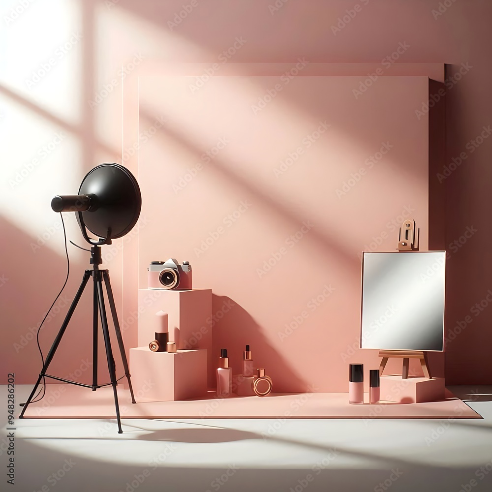 Collection of objects including a camera, cosmetics, and a lamp on ...