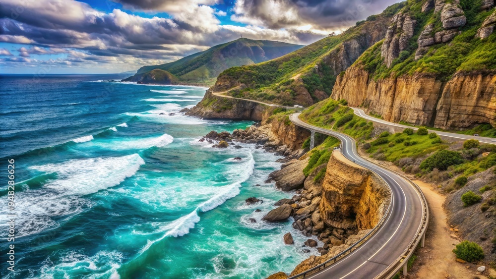 Winding road hugs rugged sea cliffs, revealing breathtaking views of ...