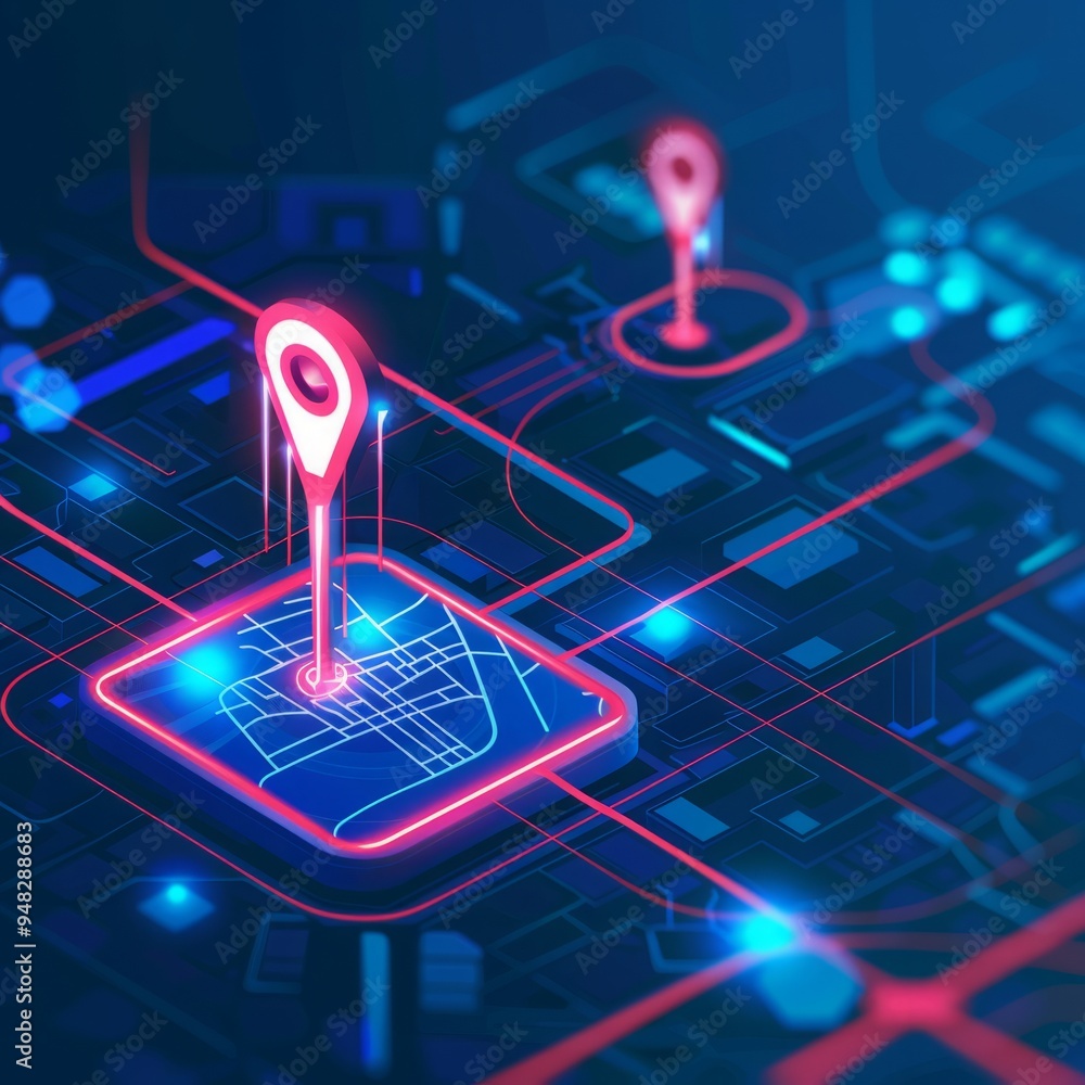 Innovative AI-Powered GPS: Vector Illustration of a Digital Map with ...