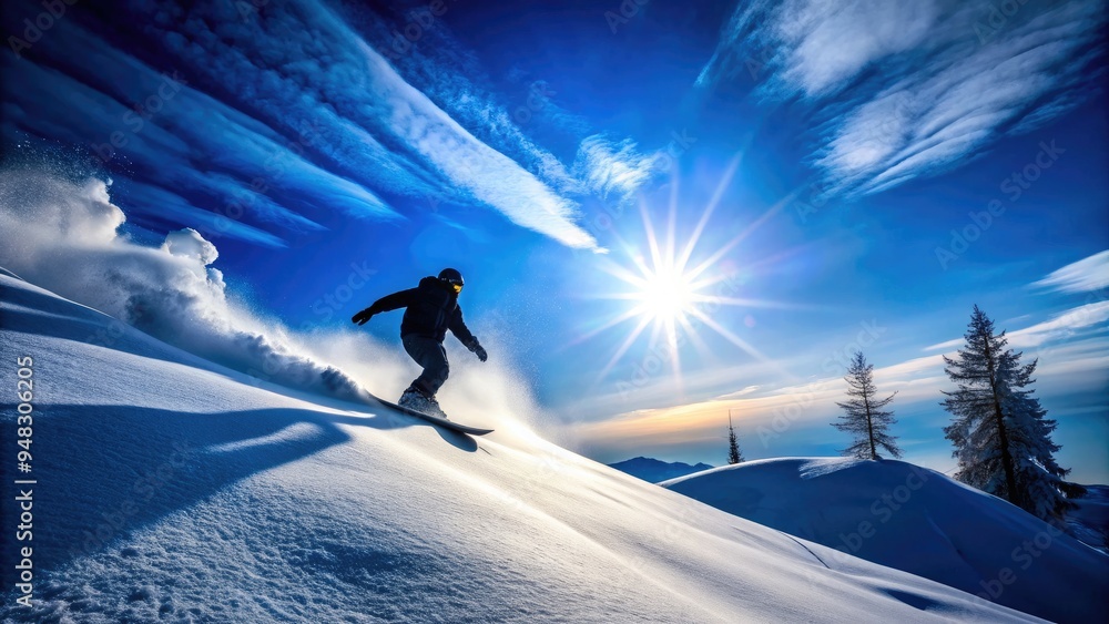 Against a vibrant blue winter sky, a solitary snowboarder's dark ...