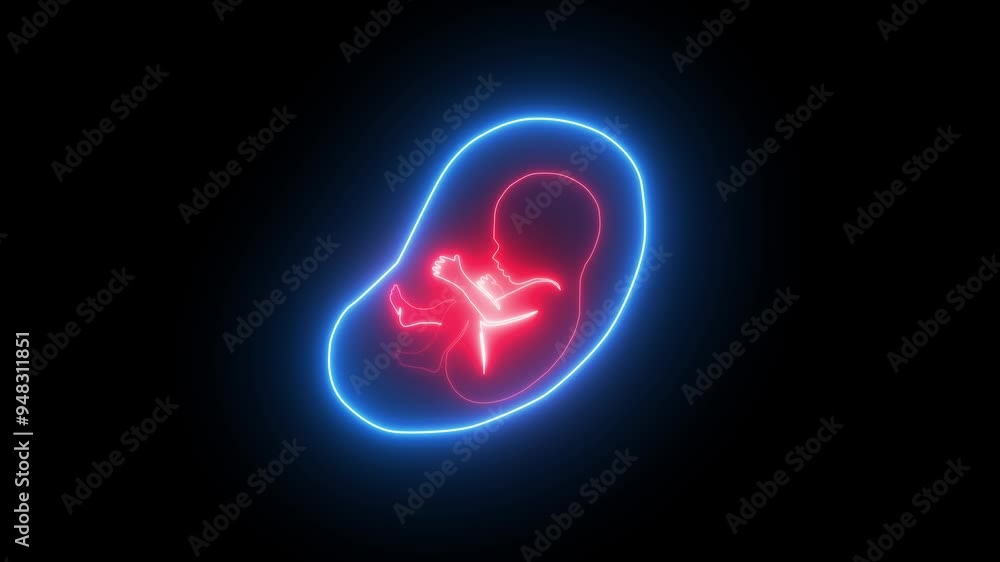 Human embryonic and fontal development, glowing neon human fetus inside ...