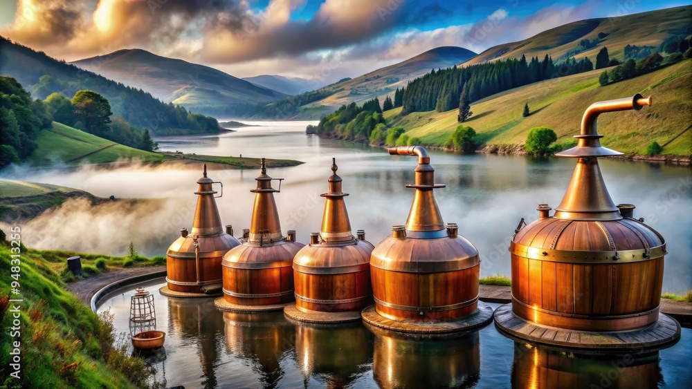 Ancient copper stills shine brightly amidst rustic wooden barrels ...