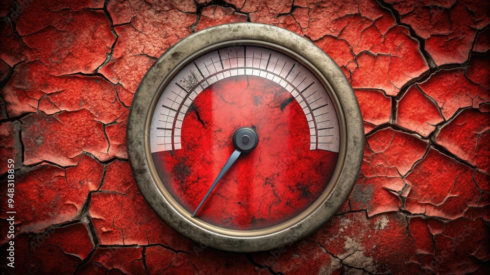 A red stress meter gauge maxed out at 100 percent, with a cracked and ...