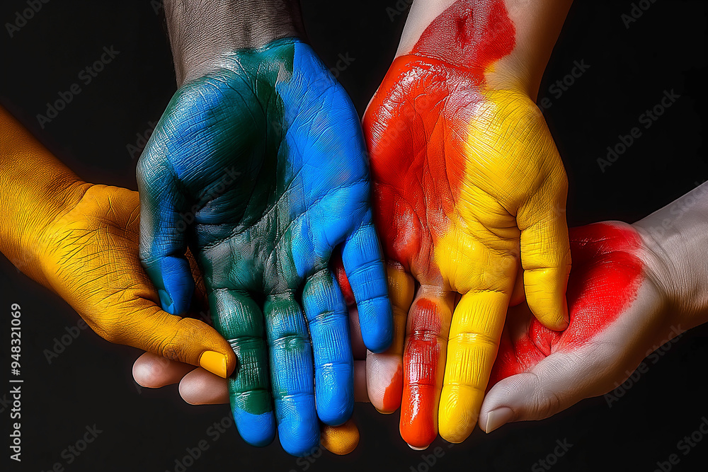 Four hands come together against a black backdrop, each with vibrant ...