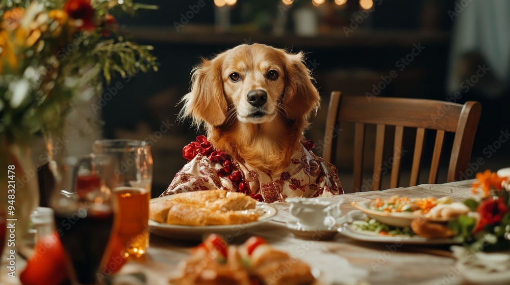 A golden retriever dog wearing a traditional costume sits at a ...