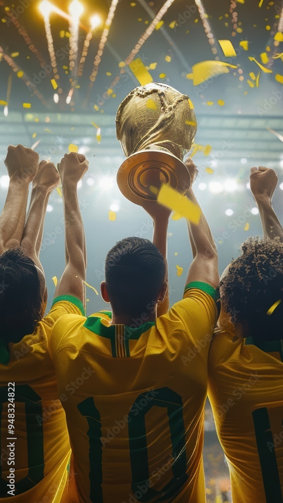Football players in yellow jerseys lift gold trophy high, celebrating ...