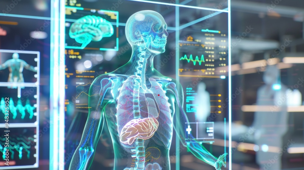 3D holographic medical scan with anatomical model and vital signs ...
