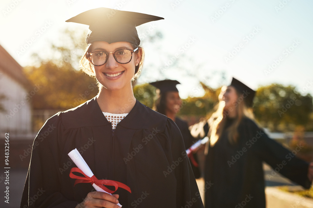 Portrait, graduate student and happy woman with certificate outdoor to ...