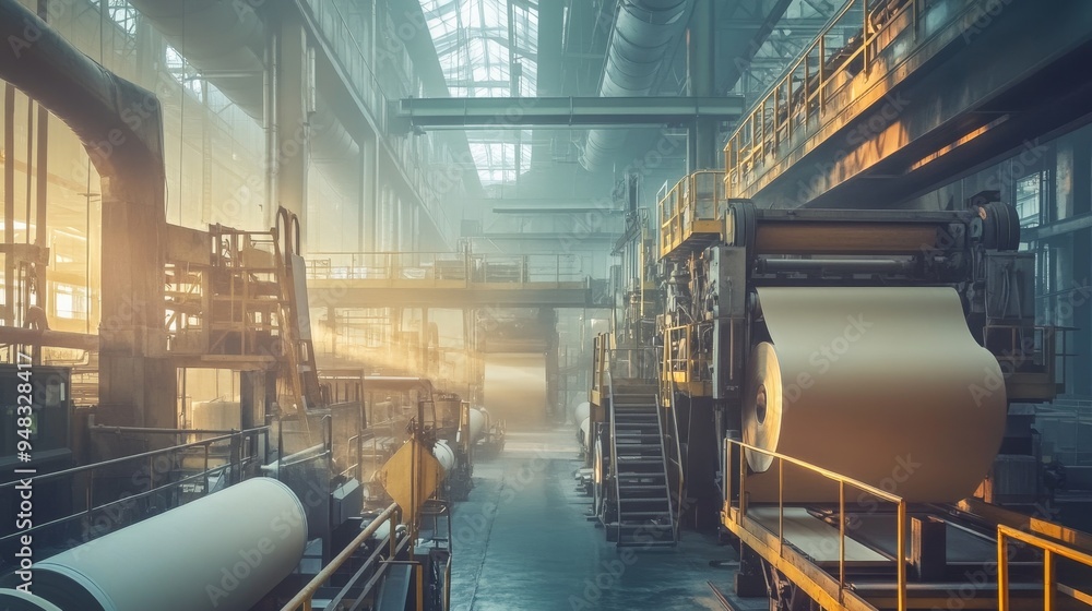 A modern paper mill factory with machines turning large paper rolls ...