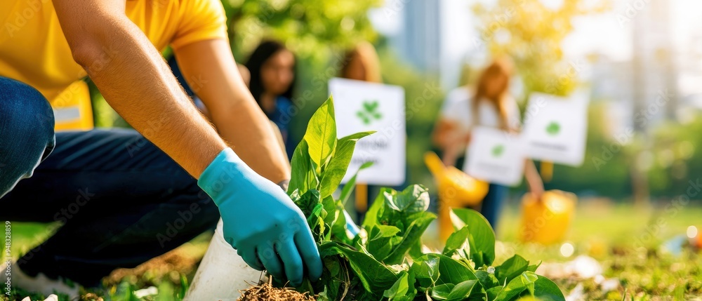 A diverse group of volunteers from a company, gathering trash in a ...