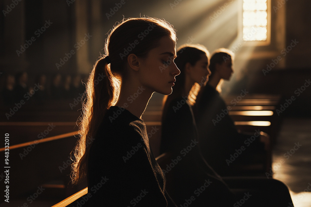 Novice girls in a monastery at prayer. Beautiful young girls in black ...